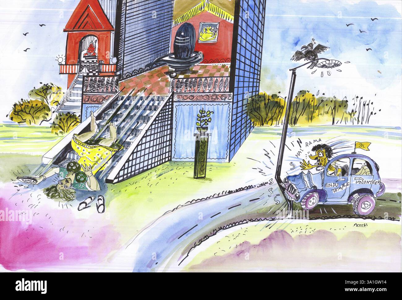 Illustration of liability issues for temple in USA showing lady falling ...