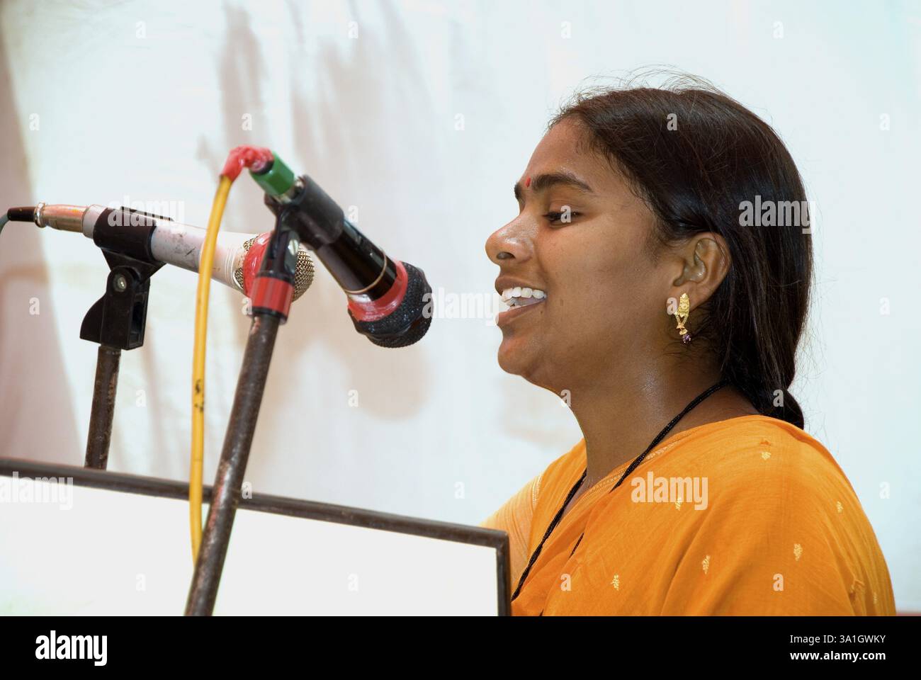 Self Help Group Adivasi women giving speech in function at Nere village ...