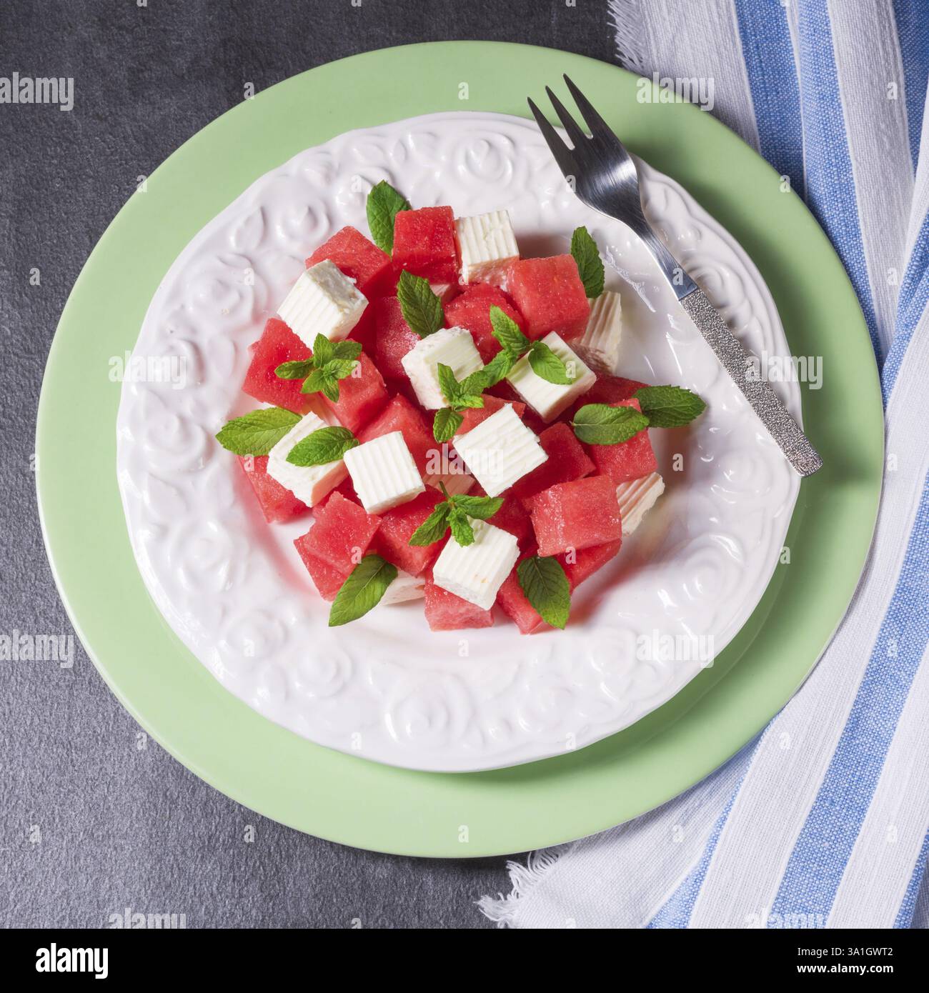 Greek Salad with watermelon, feta and fresh mint Stock Photo - Alamy