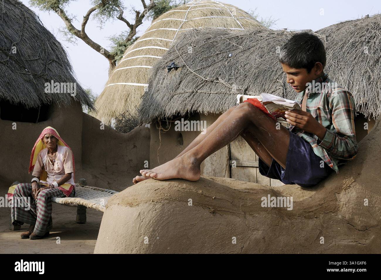 Rural Rajasthani boy reading book sitting on wall, Sujangarh, Rajasthan ...