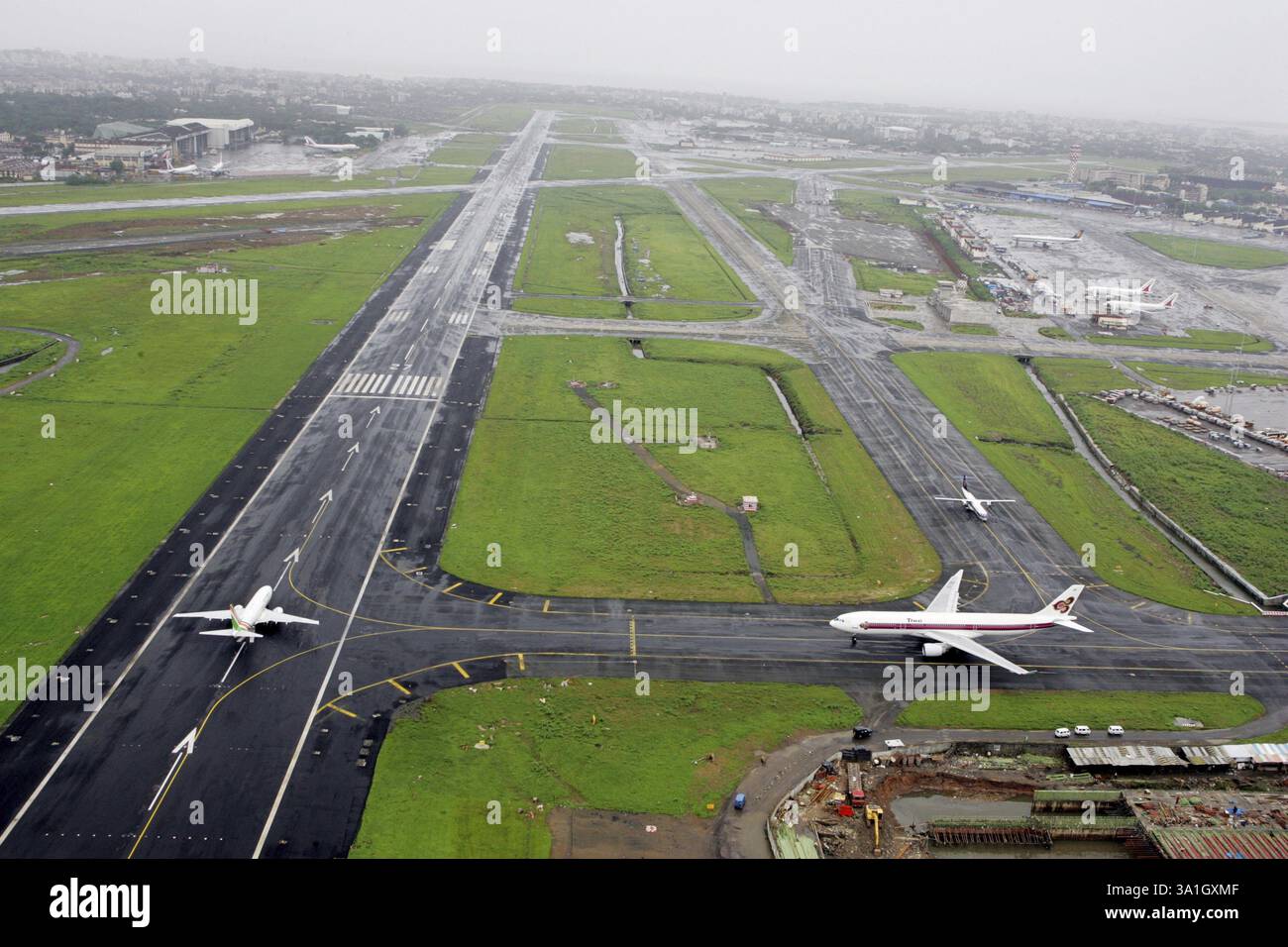 An aerial view runways and aircrafts at the Mumbai's Chhatrapati ...