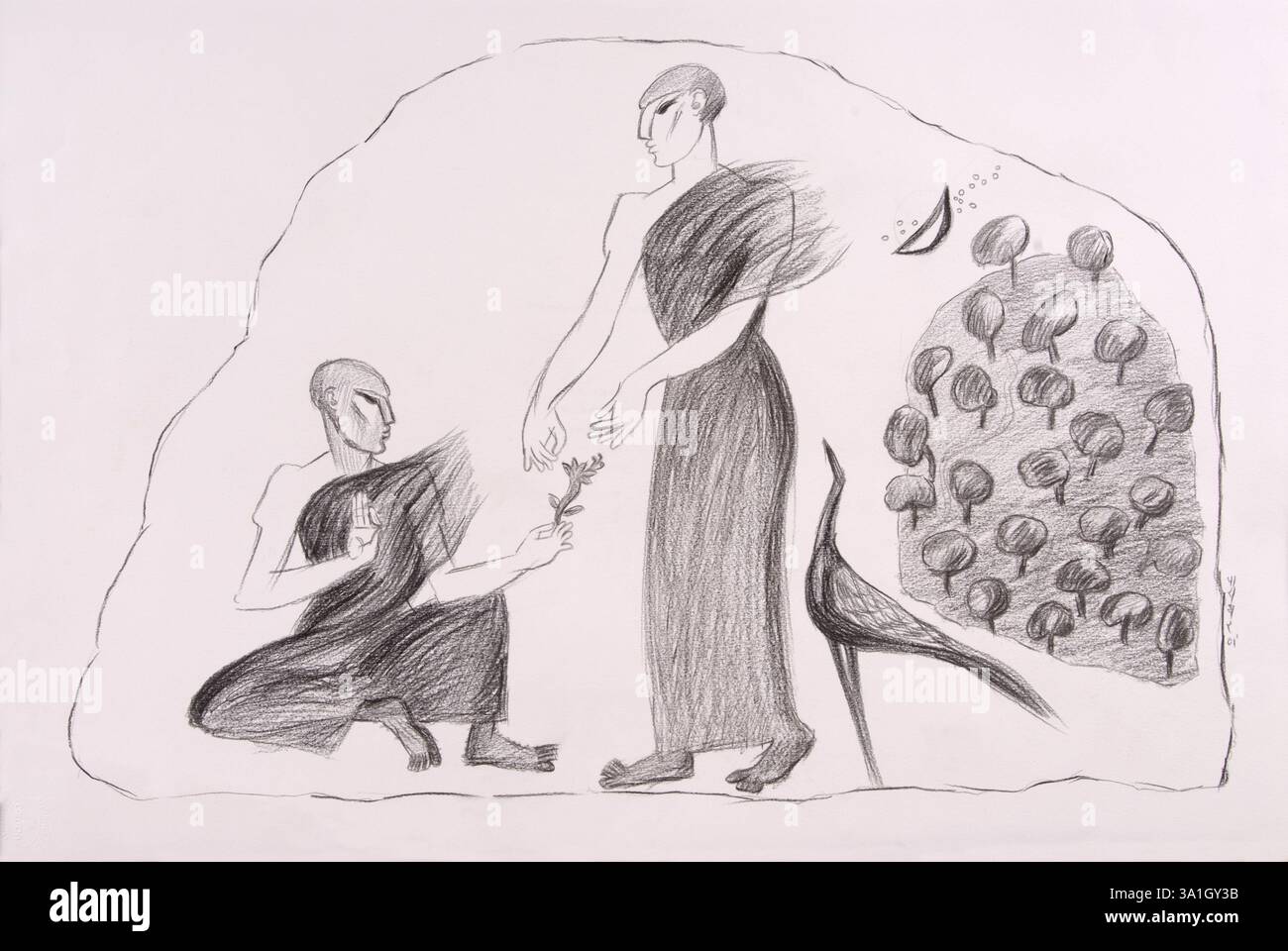 Illustration, man offering a flower to his guru, charcoal pencil ...