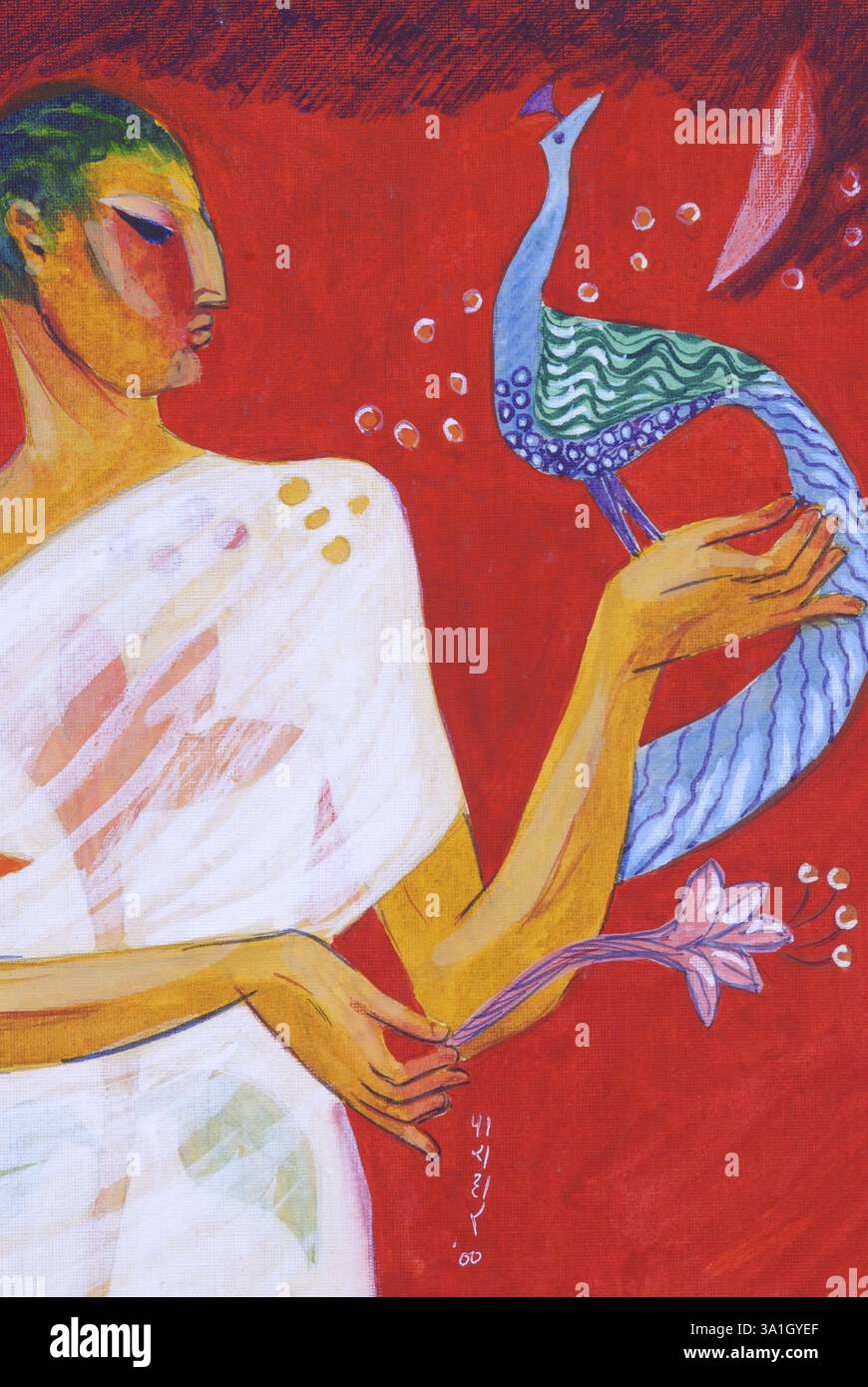 Ascetic offering lotus flower to bird painted flower on his white cloth ...