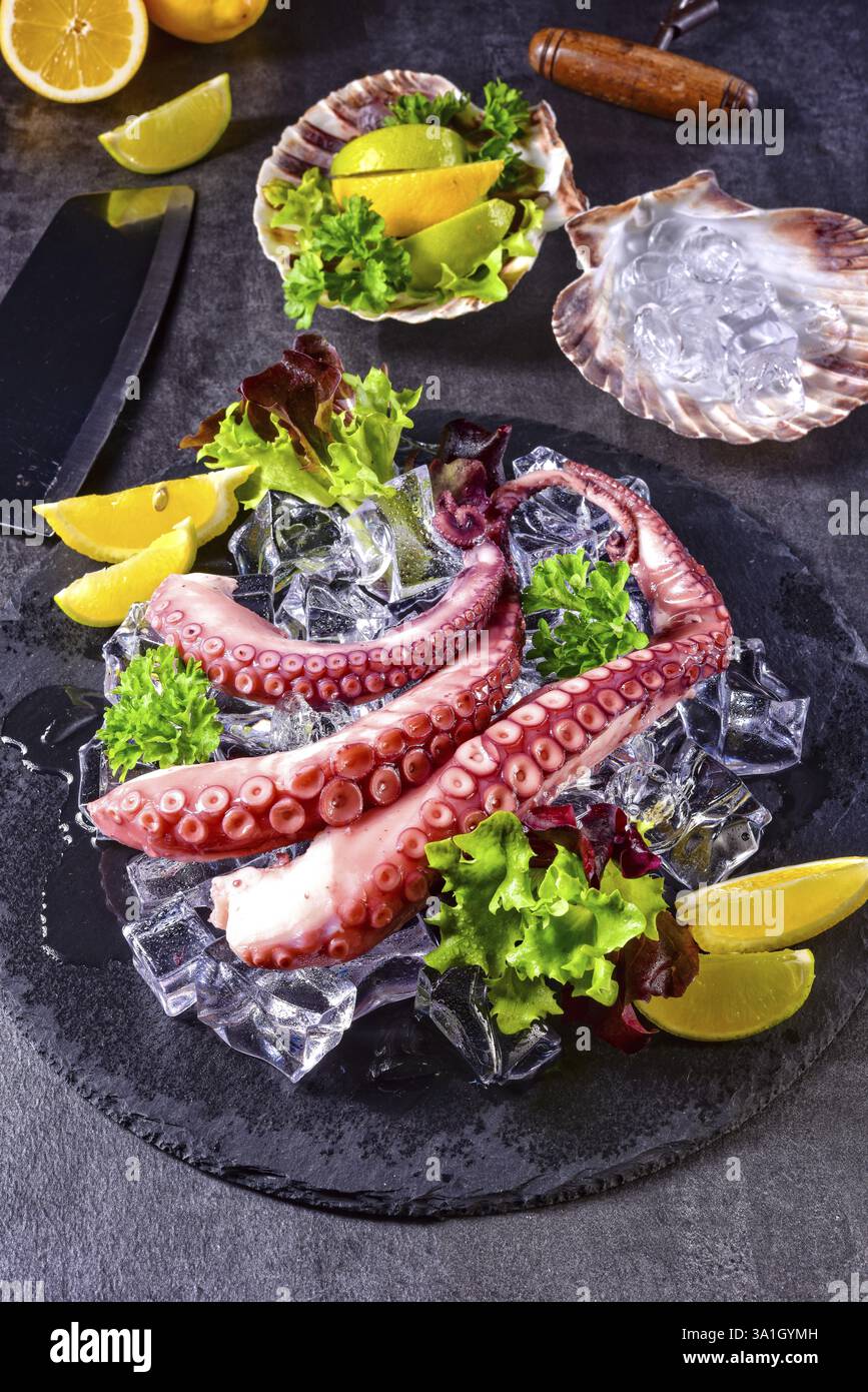 Raw octopus on the ice Stock Photo - Alamy