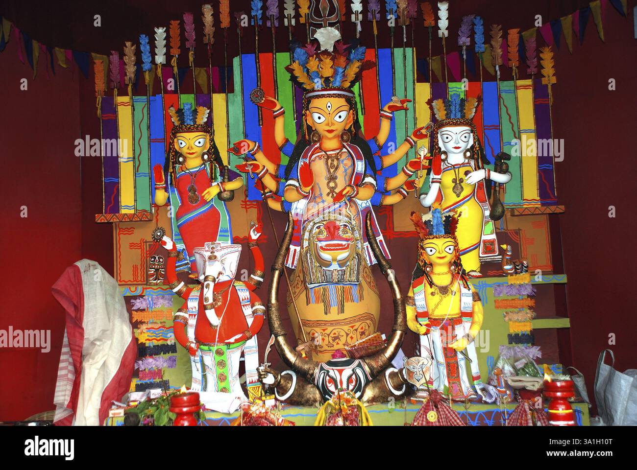 Durga clay model with statues of kartikeya ganesha and lakshmi ...