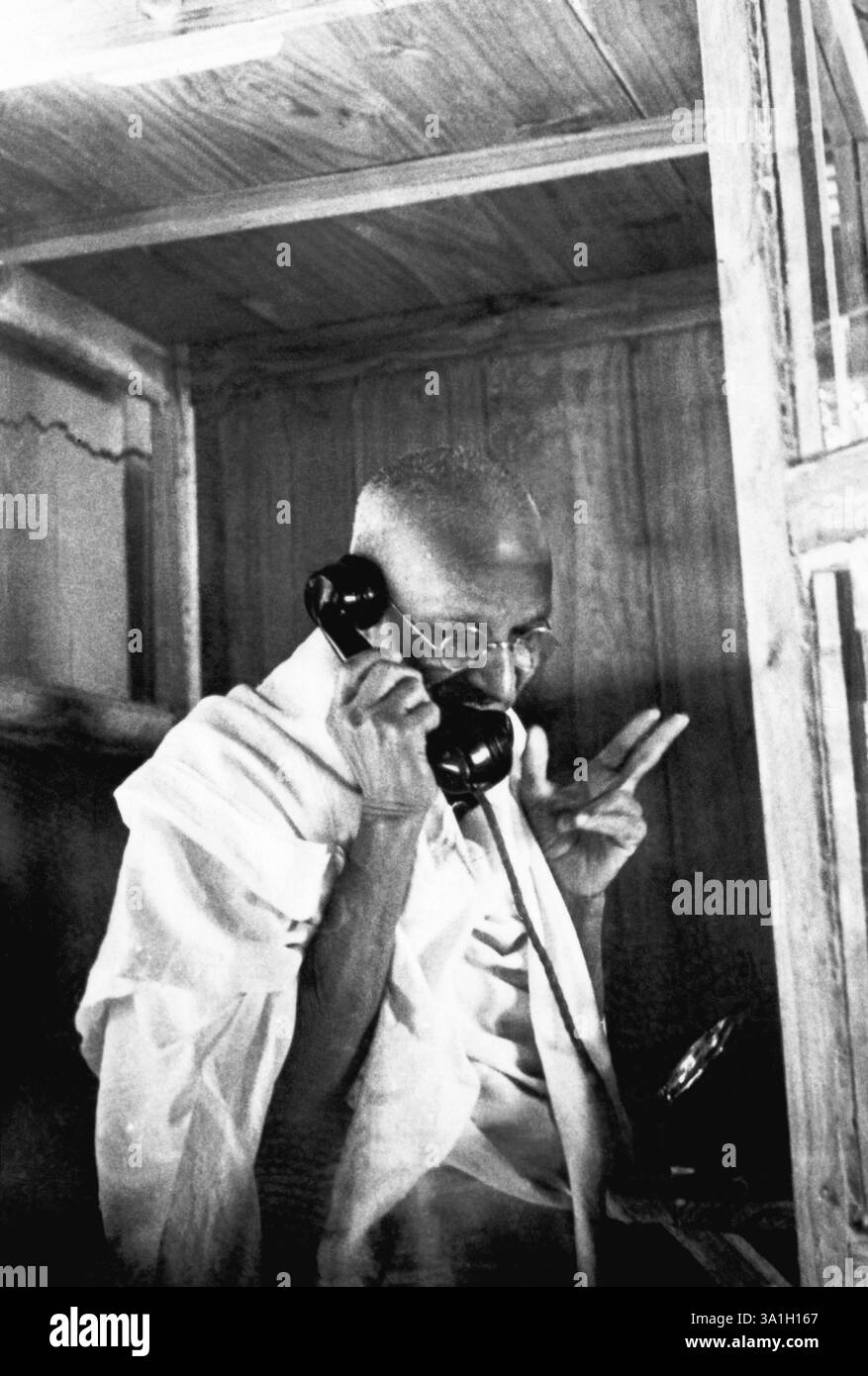 Mahatma Gandhi calling Amtus Salam in Mumbai from the office hut at ...