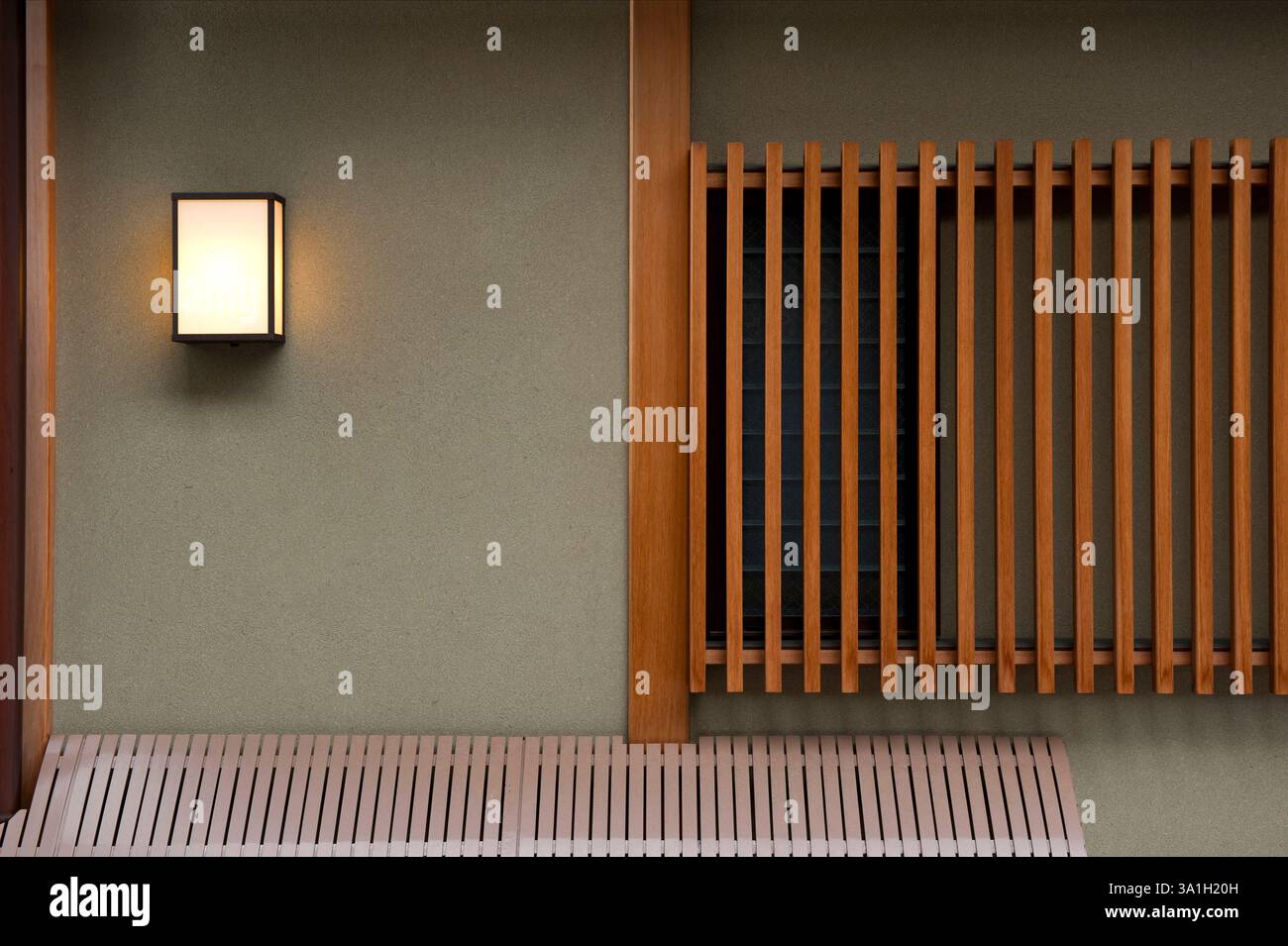 Architectural detail of koshi wooden window lattice and inuyarai dog ...