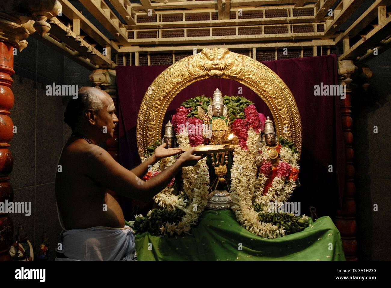 Decorated Urchava deity of lord Subrahmanya with consorts Valli and ...