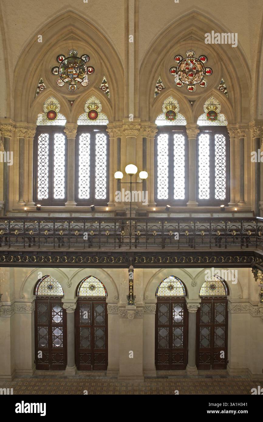 Stained glass and arches of interior of Mumbai University convocation ...