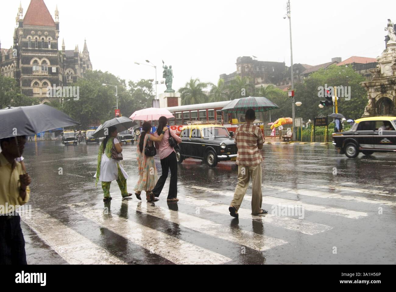 Heavy rain and people with umbrella and transport system in Fort ...