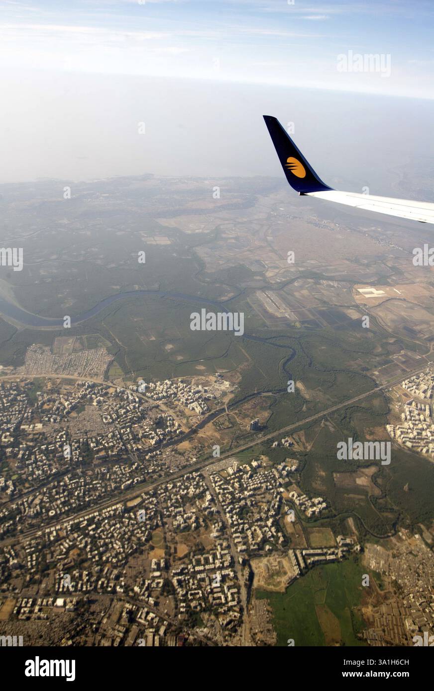 An aerial view of Gujarat from the board of Jet aircraft, India, Asia ...