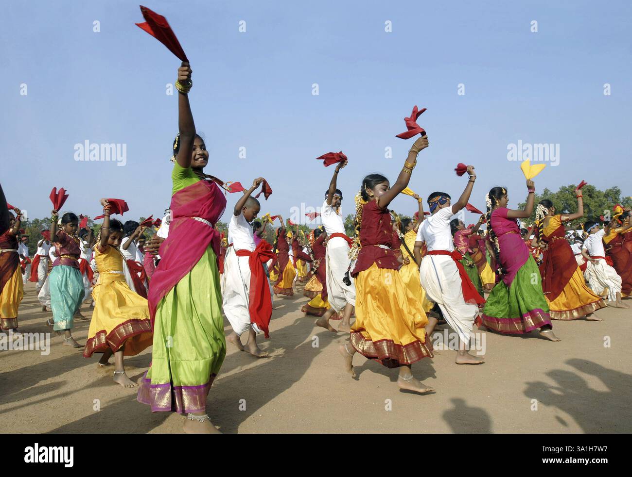 Children performing group dances in festive program, Kerala, India ...