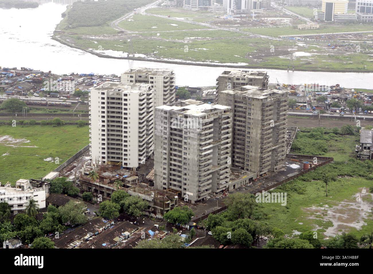 An aerial view of Reliance towers situated along railway tracks at ...