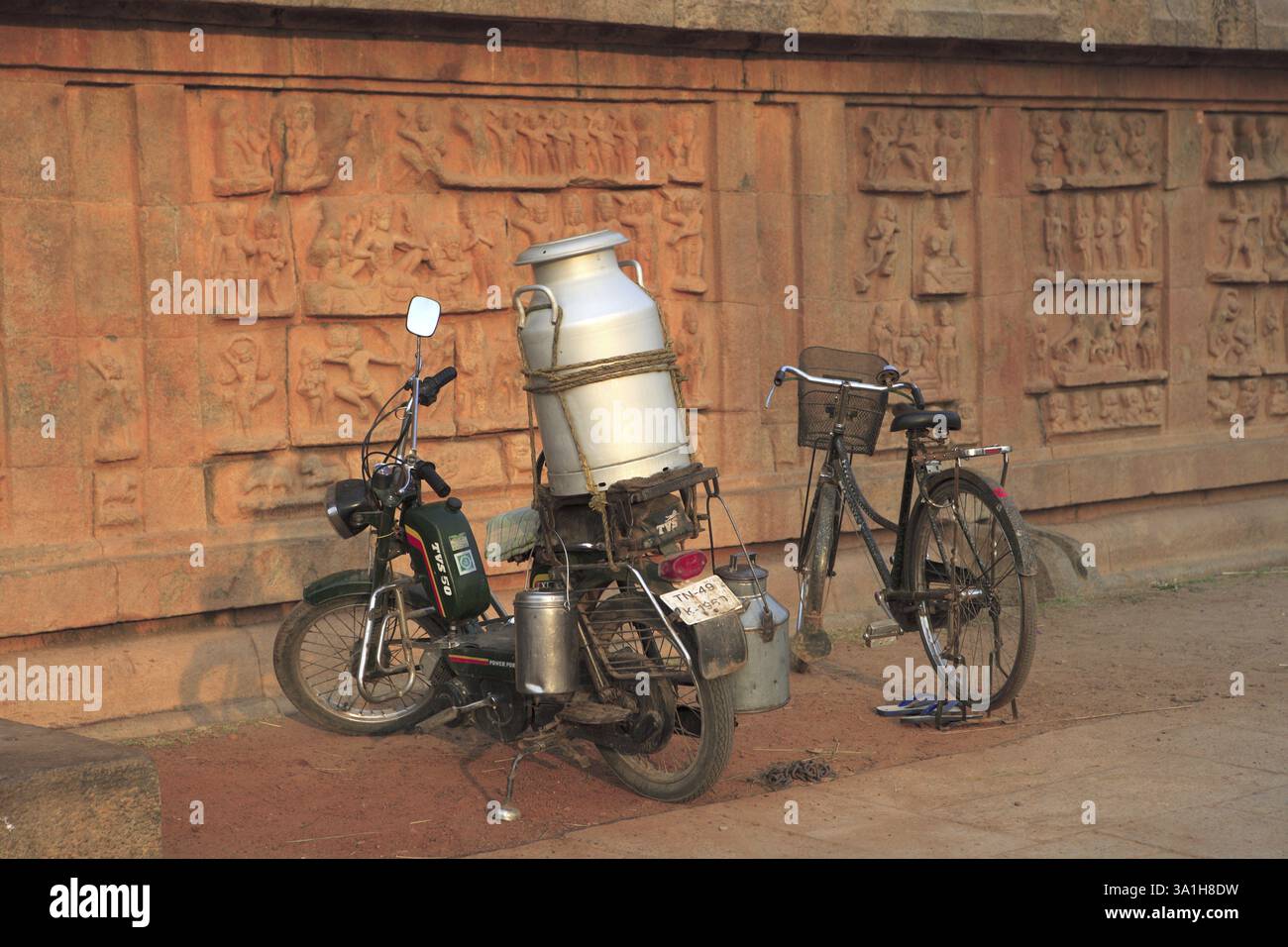 Milk can on moped and bicycle at Brihadisvara Temple, Thanjavur, Tamil ...
