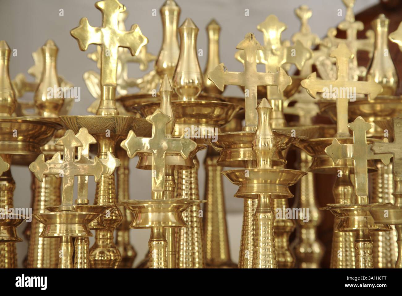 Brass cross standing lamps South Indian lamps samai kept in church by ...
