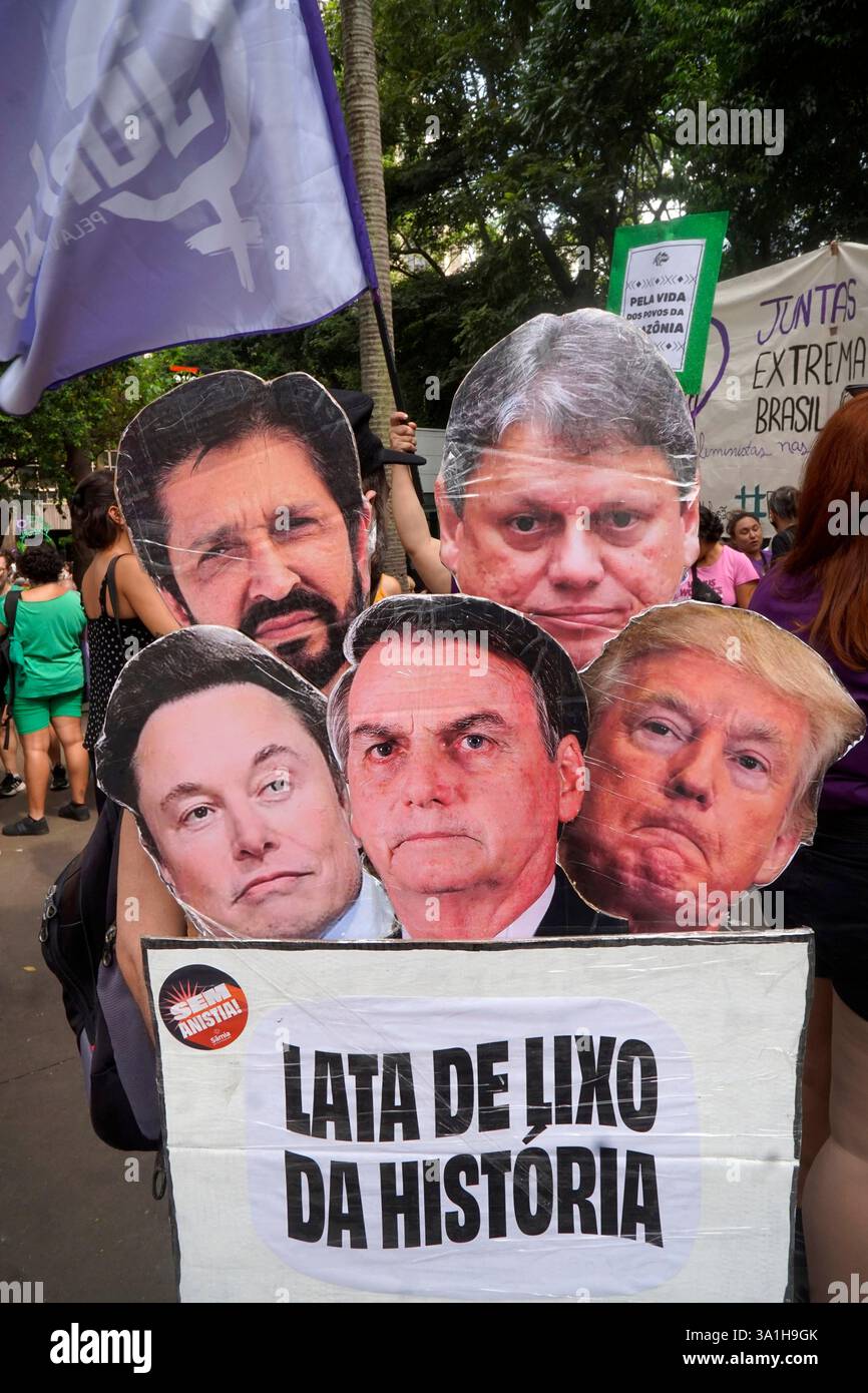 Women take part in a march to mark International Women's Day in Sao Paulo, Brazil March 8, 2025 ...