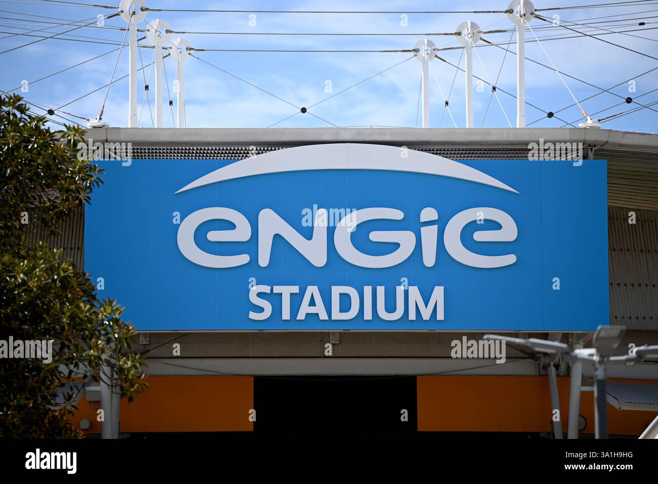 Signage is seen at Engie Stadium during the Opening Round match between ...
