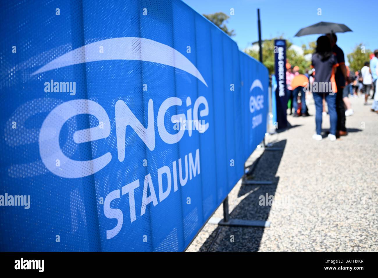 Signage is seen at Engie Stadium during the Opening Round match between ...