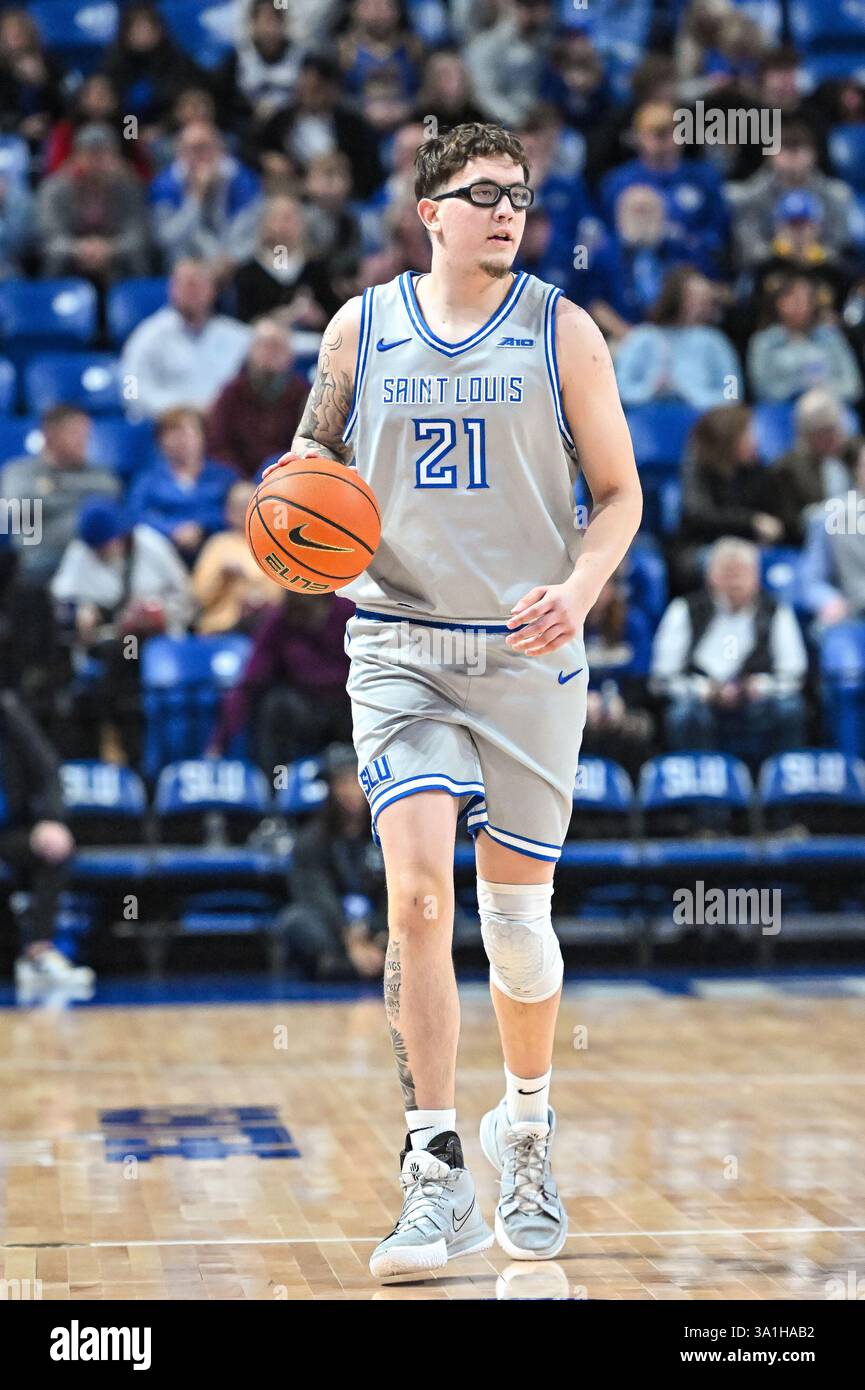 MARCH 08, 2025: Saint Louis Billikens guard Isaac Holmes (12) brings ...