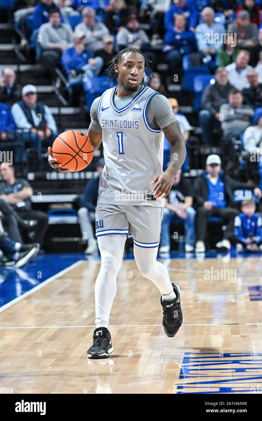 MARCH 08, 2025: Saint Louis Billikens guard Isaiah Swope (1) dribbles ...