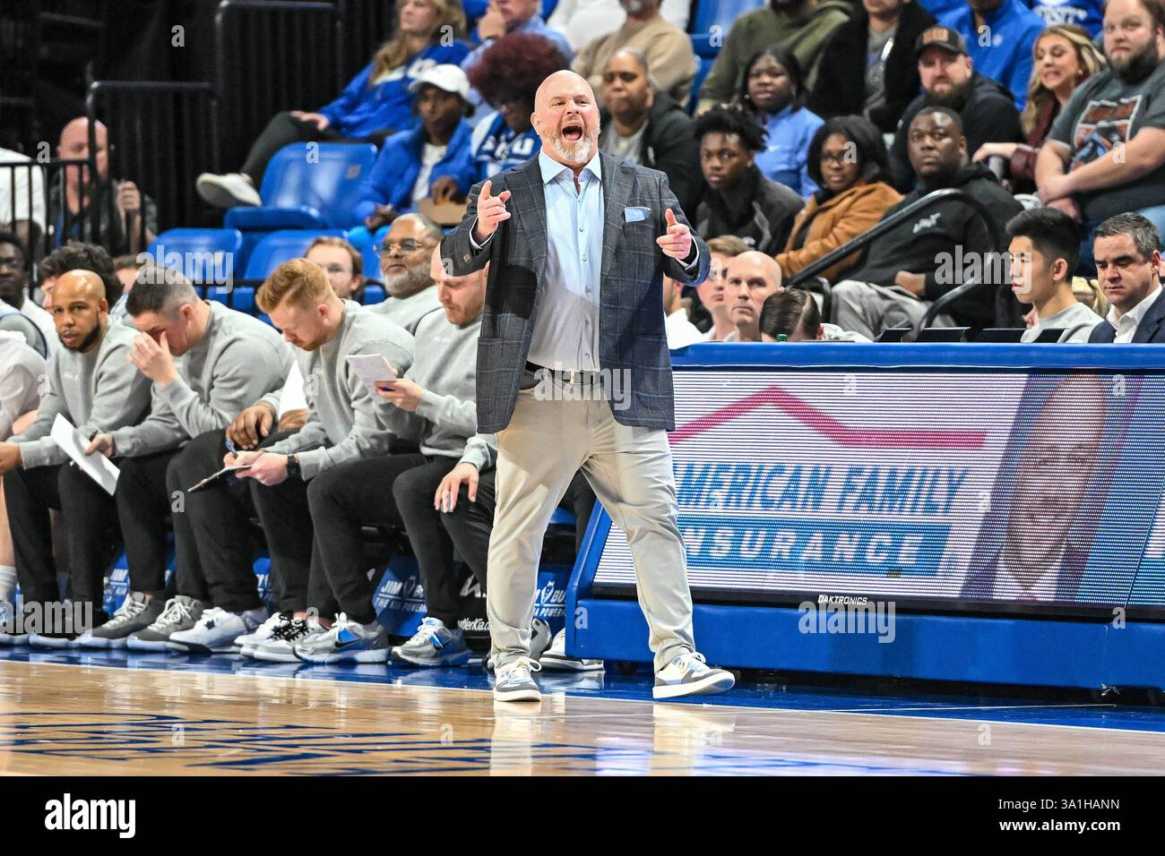 MARCH 08, 2025: Saint Louis Billikens head coach Josh Schertz hollers ...