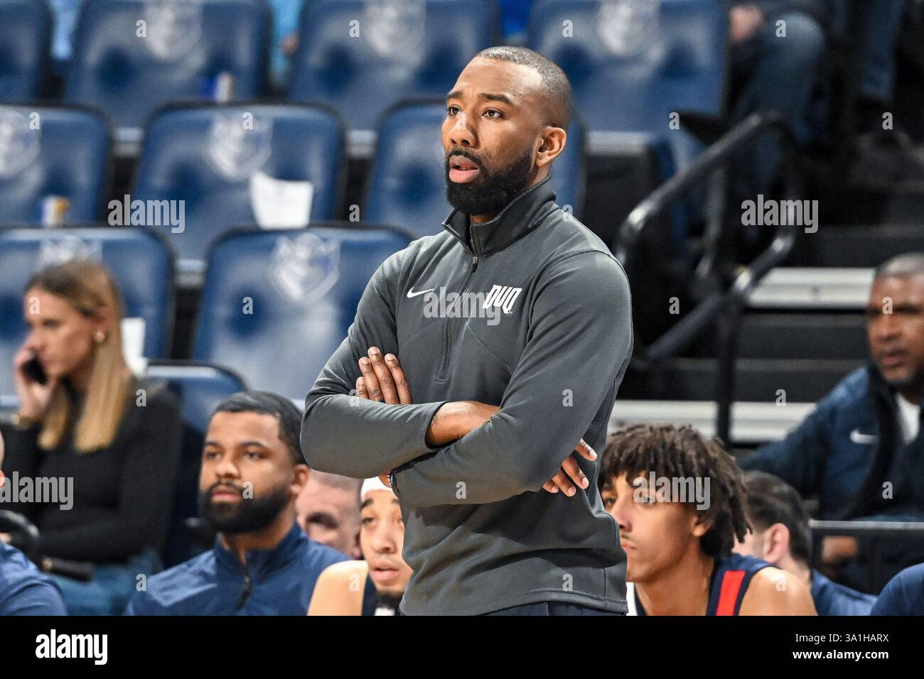 MARCH 08, 2025: Duquesne Dukes head coach Dru Joyce III watches the ...