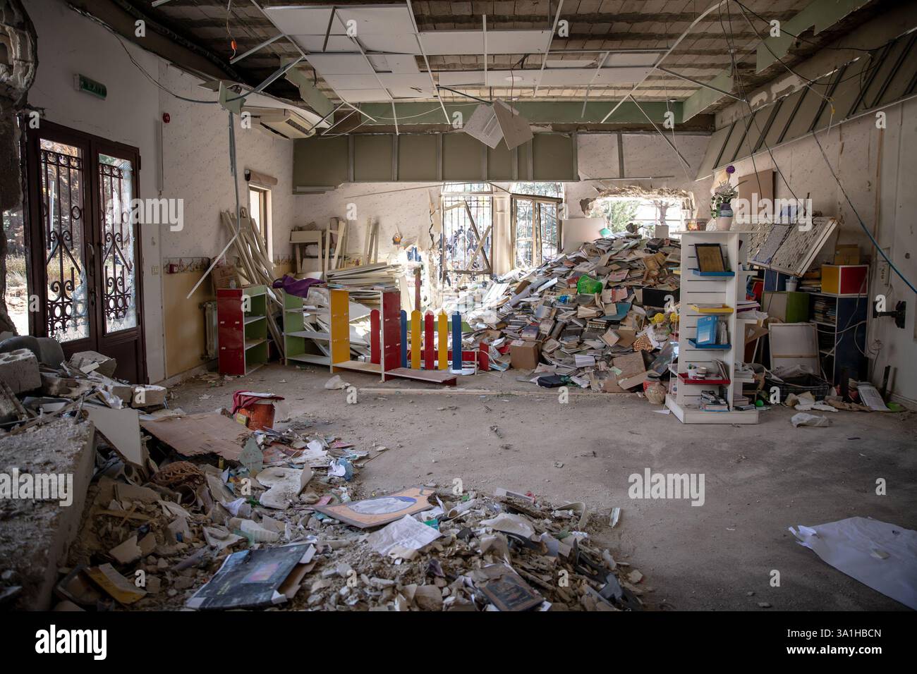The inside of a partially destroyed municipality building is seen. A ...