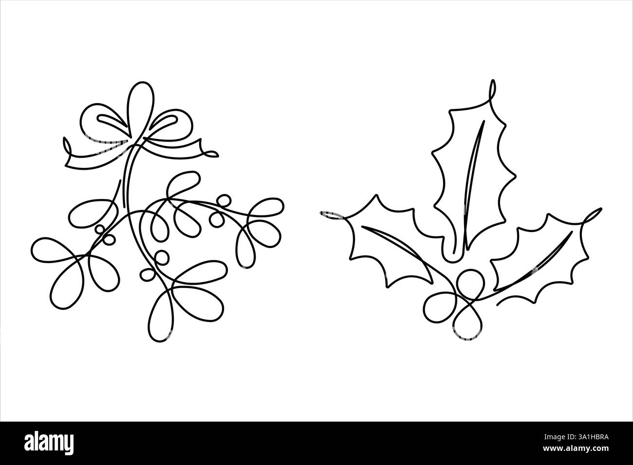 One continuous line drawing set of mistletoe, holly berry design. Xmas ...