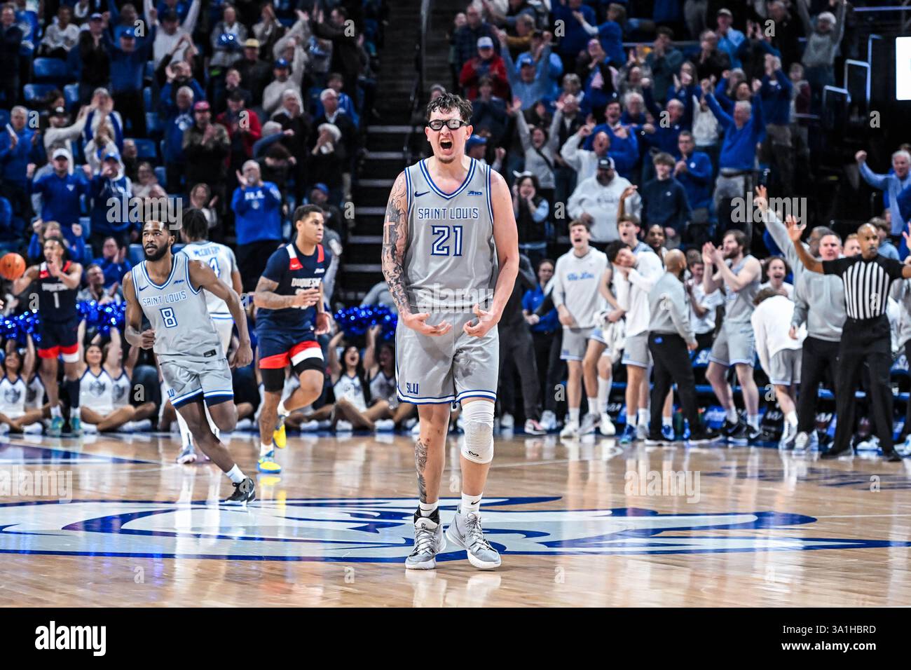 MARCH 08, 2025: Saint Louis Billikens center Robbie Avila (21) screams ...
