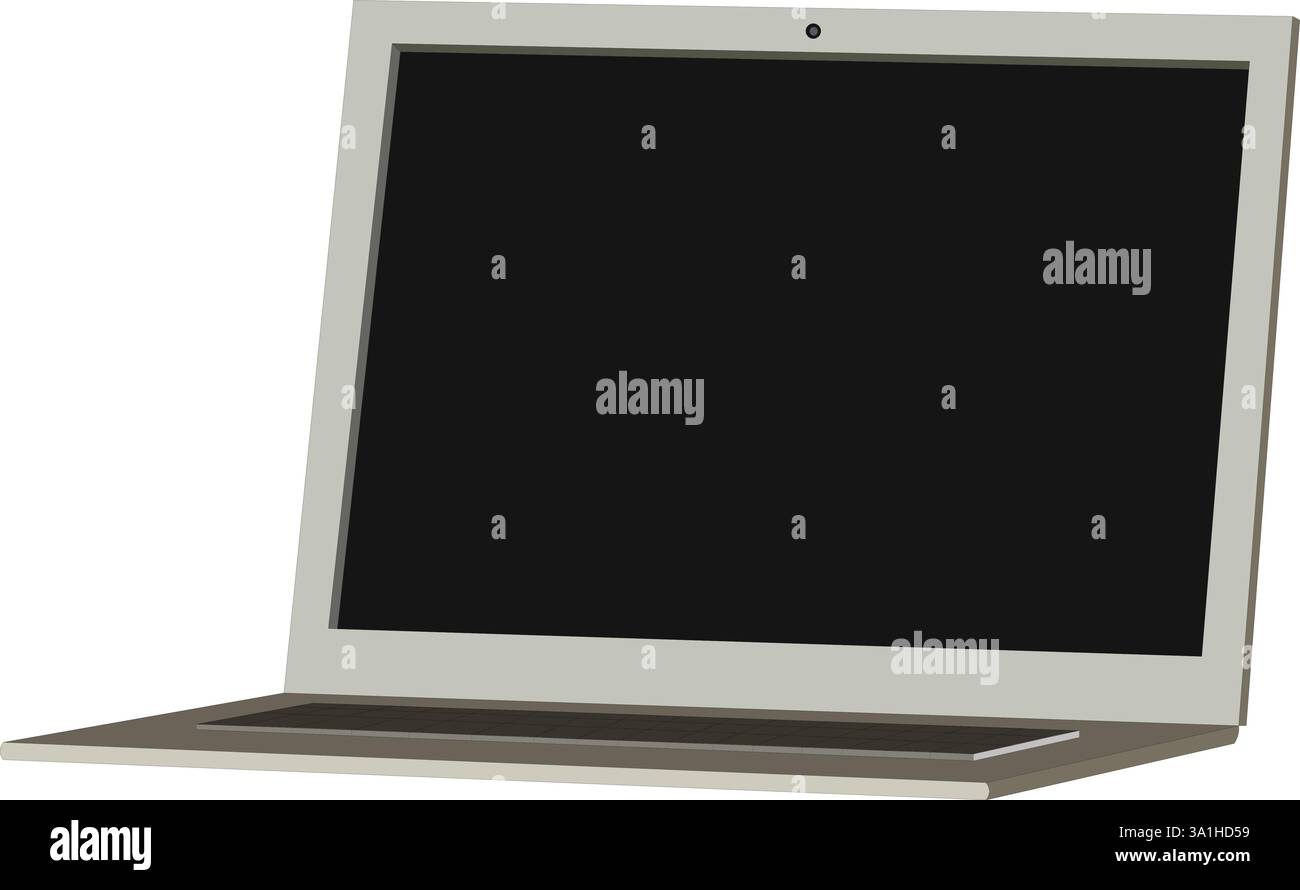 A laptop with a black screen is open. The laptop is on a white ...