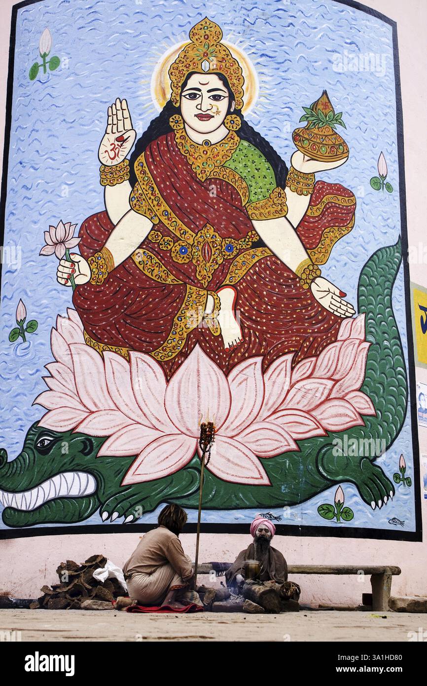 Naga baba With goddess Ganga painting, Varanasi, Uttar Pradesh, India ...