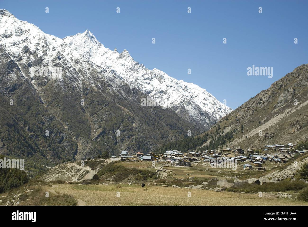 Chitkul valley & Kinner Kailash snow covered mountain range at Chitkul ...
