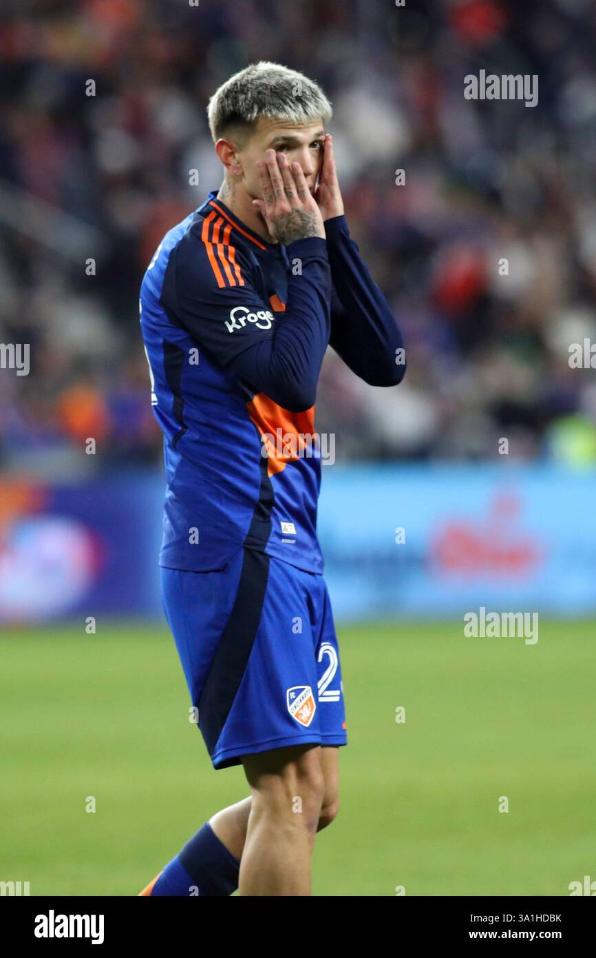 March 8, 2025: FC Cincinnatiâ€™s Luca Orellano reacts to a missed ...
