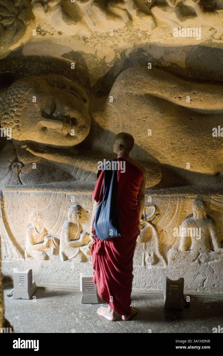 Buddhist monk watching parinirvana the great decease statue of Buddha ...