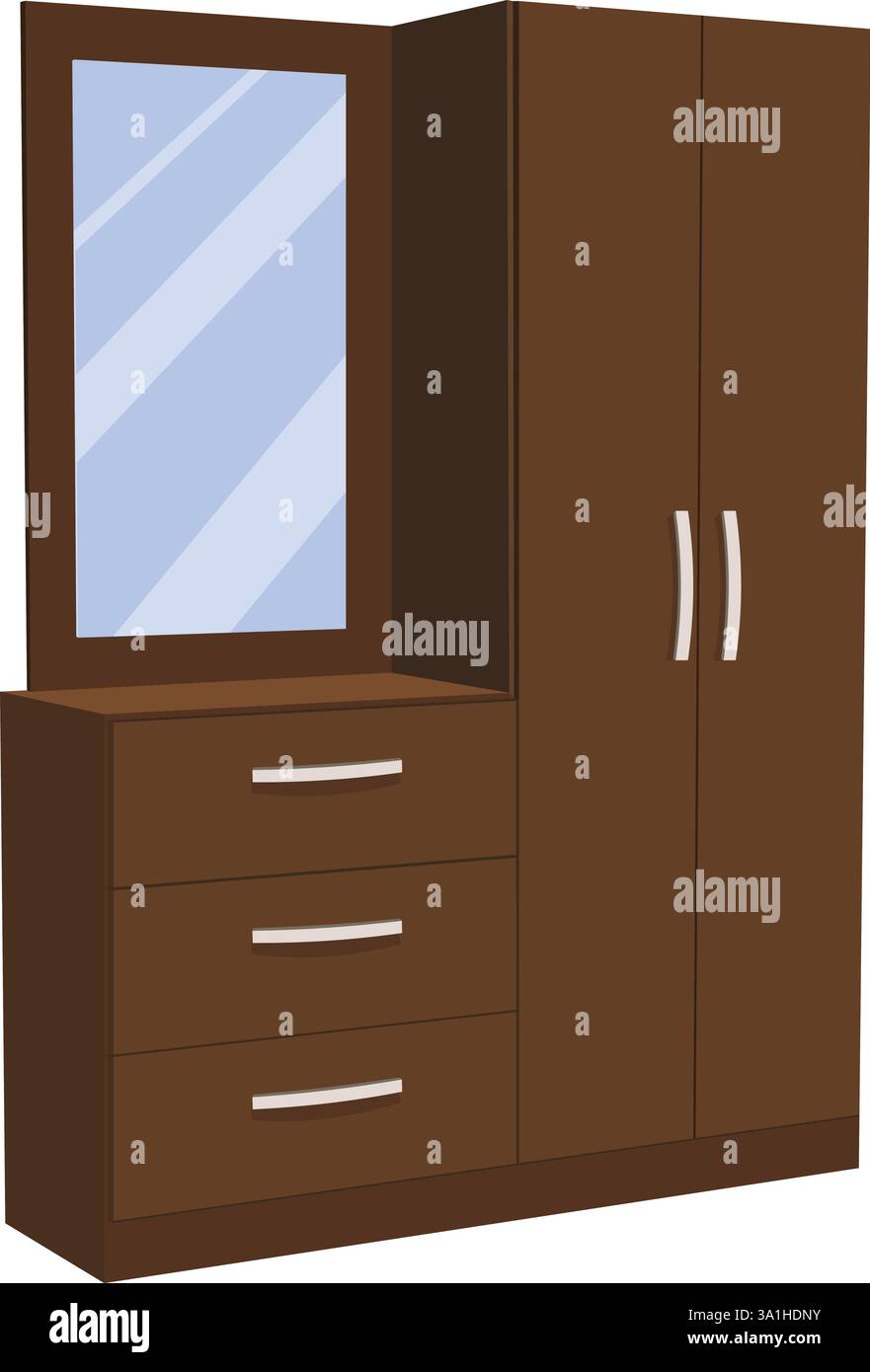 A brown cabinet with a mirror on top of it. The cabinet has three ...