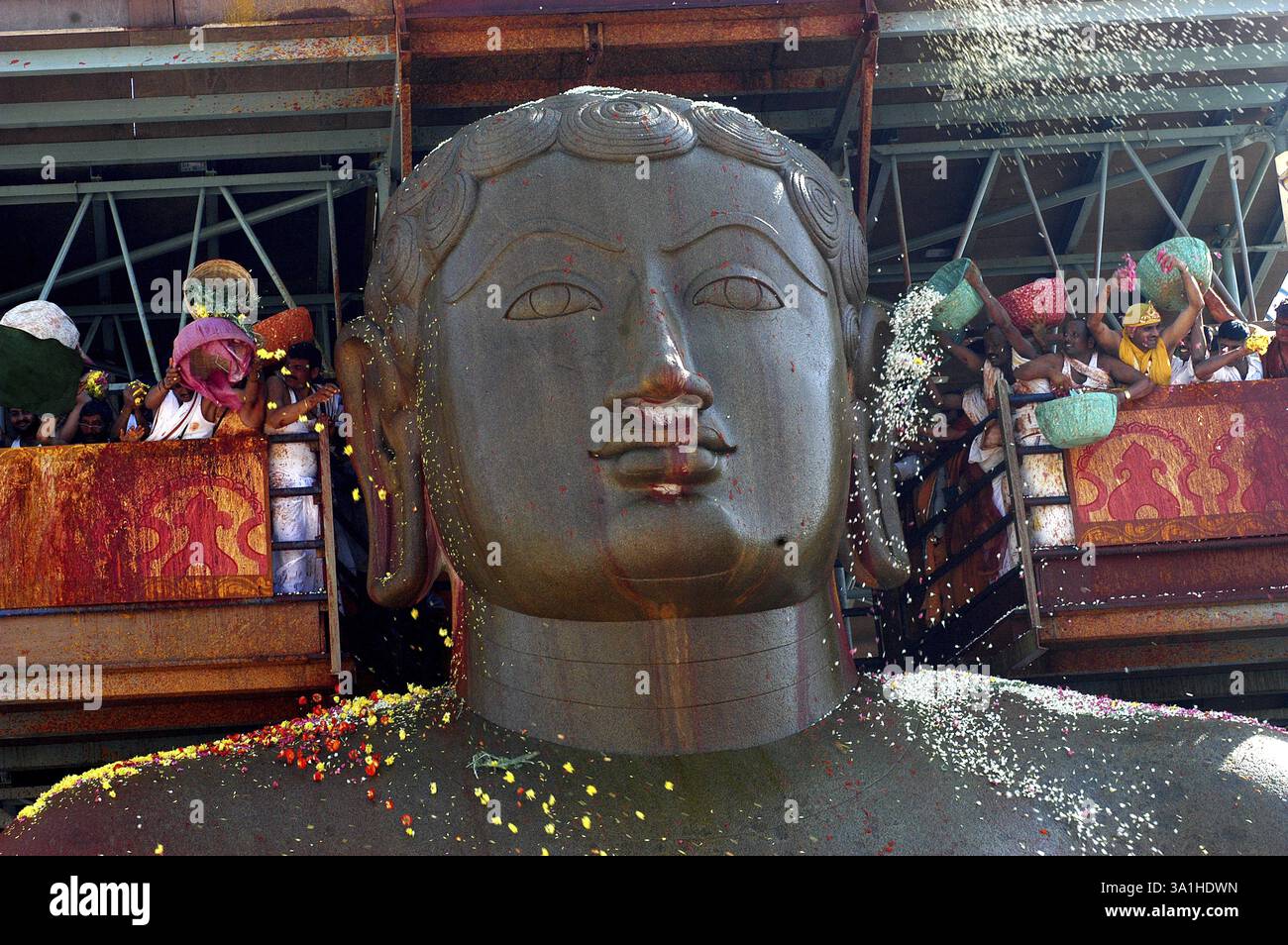 Flowers showering on 57 feet high statue of lord Bahubali known as ...