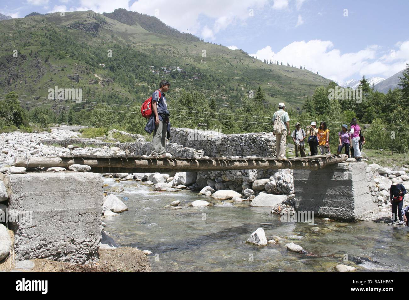 Tourists crossing wooden bridge, Manali, Himachal Pradesh, India, Asia ...
