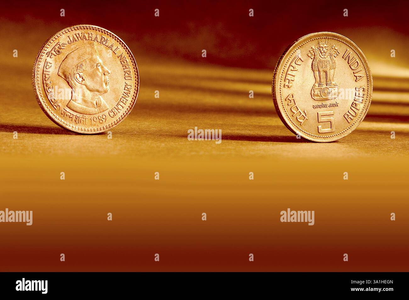 Double pair Indian currency five rupees coin front side and backside ...