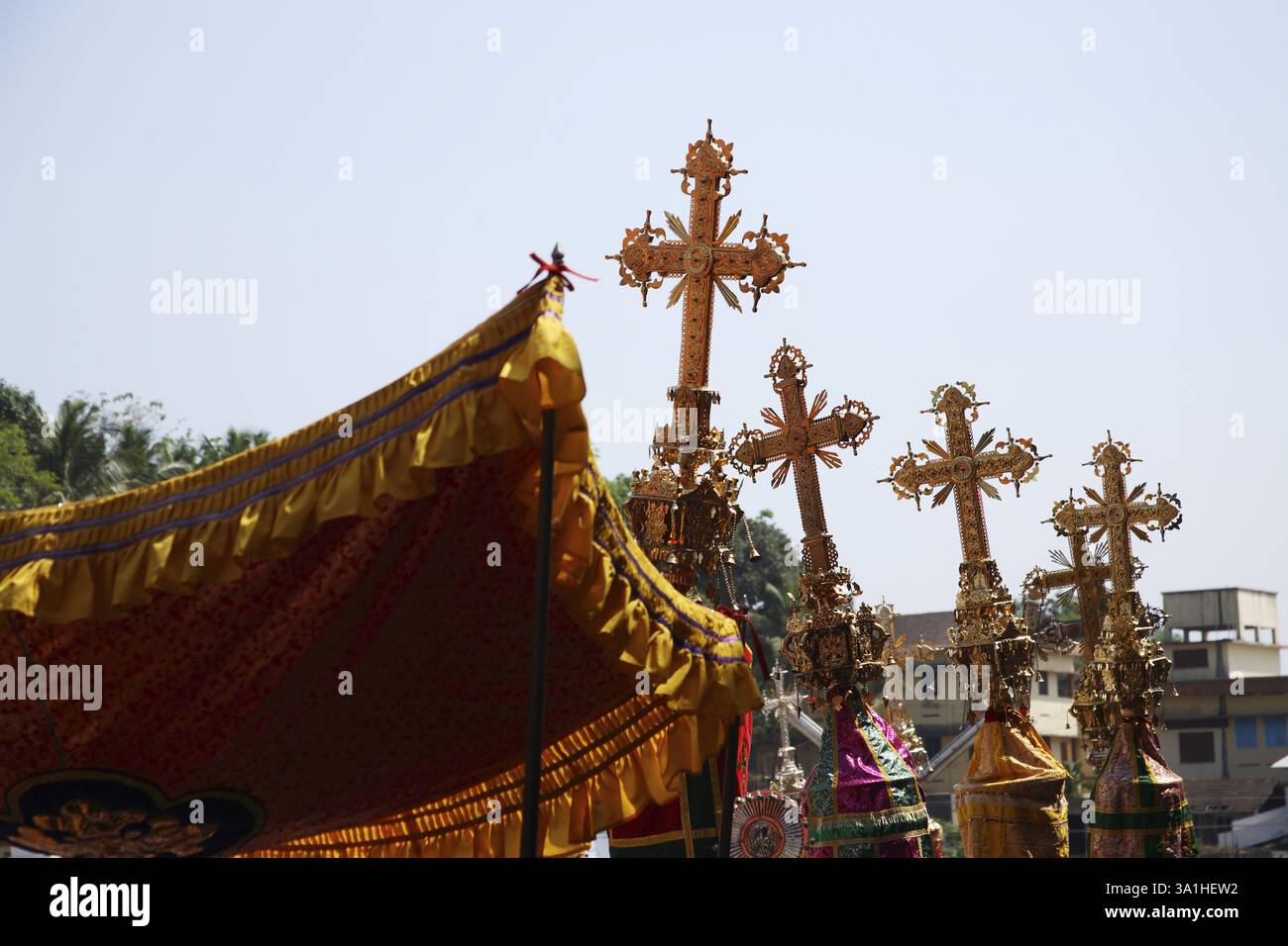 Syrian Christian procession with decorative crosses near Marthoman ...