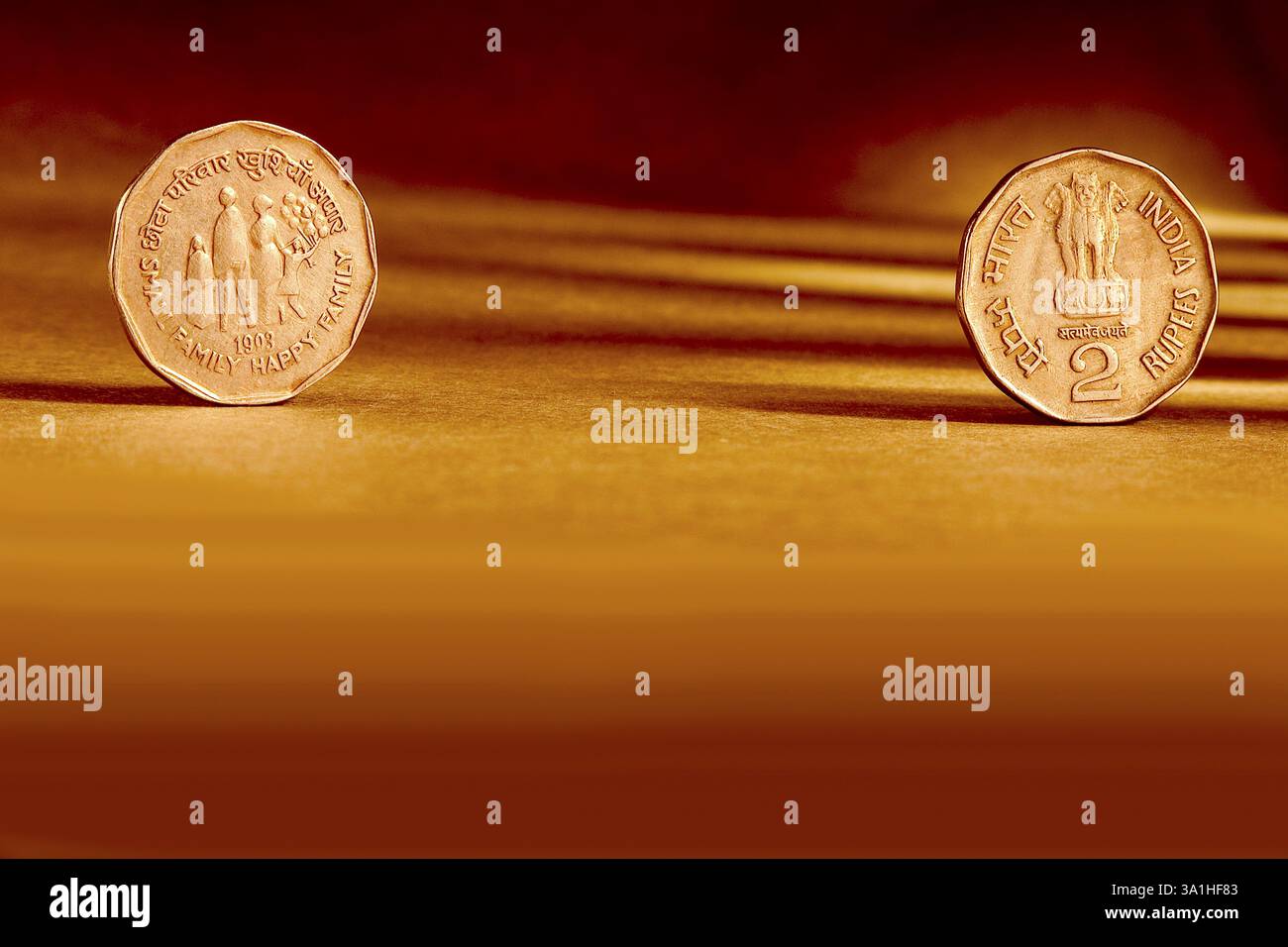 Double pair Indian currency two rupees coin front side and backside ...