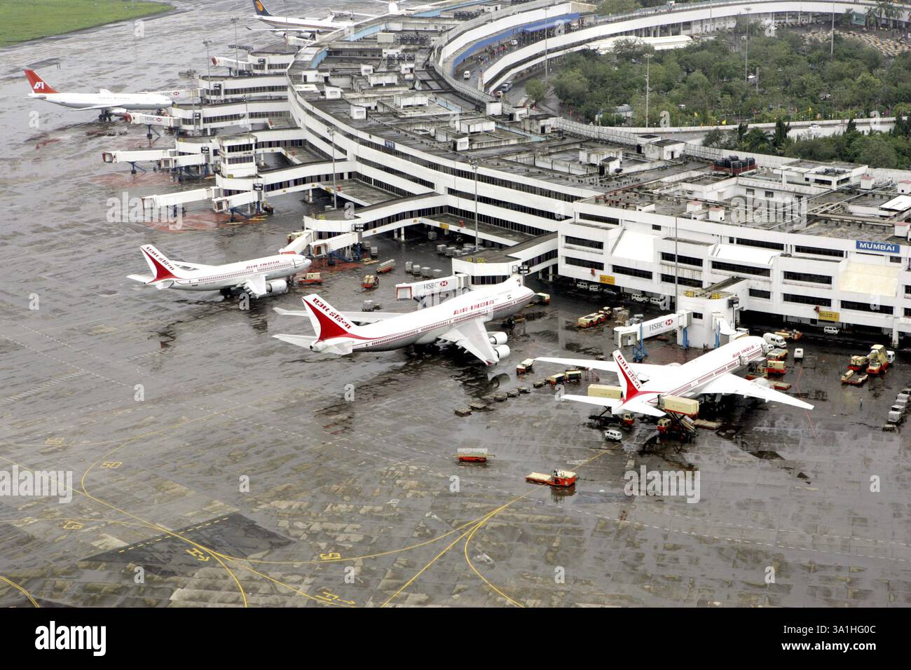 An aerial view of Air India aircrafts parked and runways at airport of ...