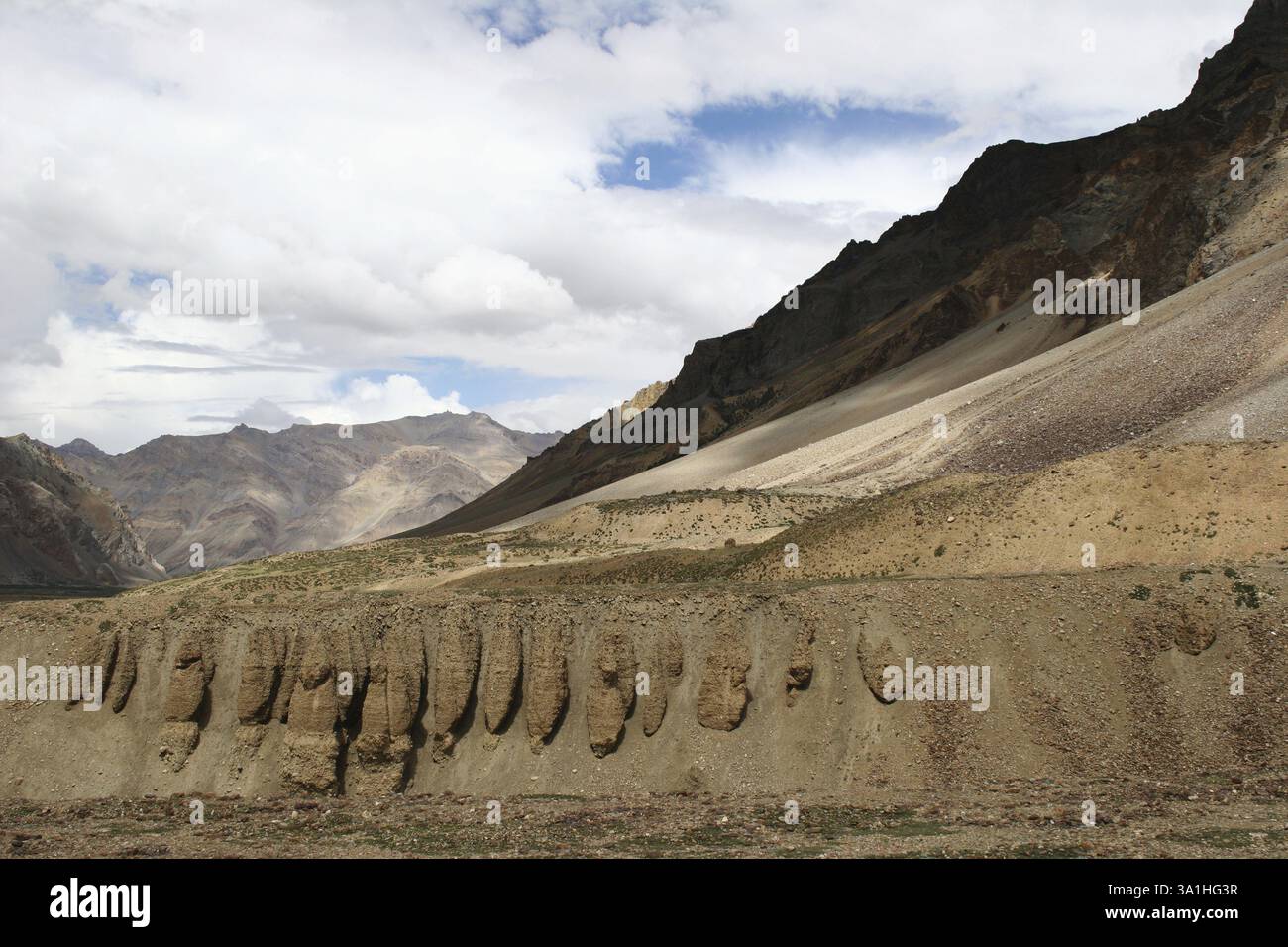 Sand formations alongside mountain, Sarchu Village, Lahul and Spiti ...