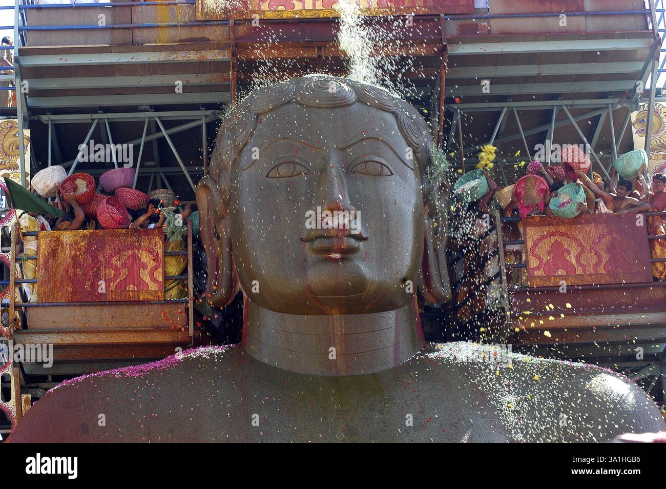 Flowers showering on 57 feet high statue of lord Bahubali known as ...