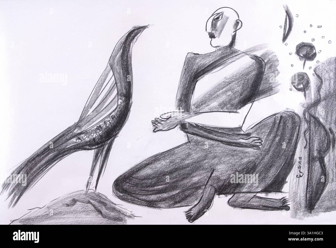 Man gossiping with crow, charcoal drawing on paper Stock Photo - Alamy