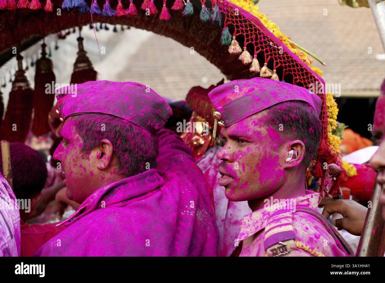 Devotees including police carrying the holy Palkhi of lord Kalbhairav ...