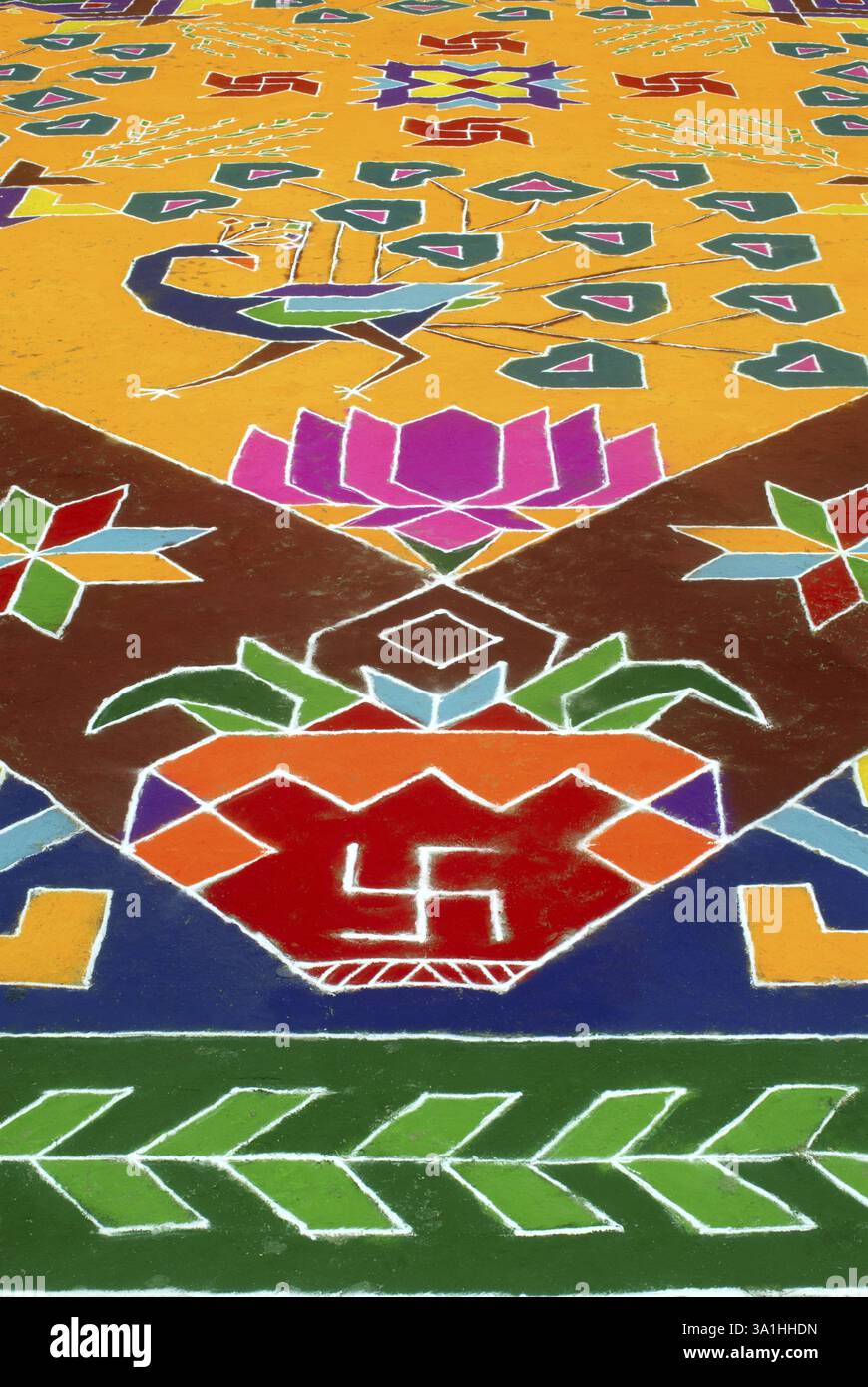 Aerial view of huge Rangoli, floor design drawn with colored powder for ...