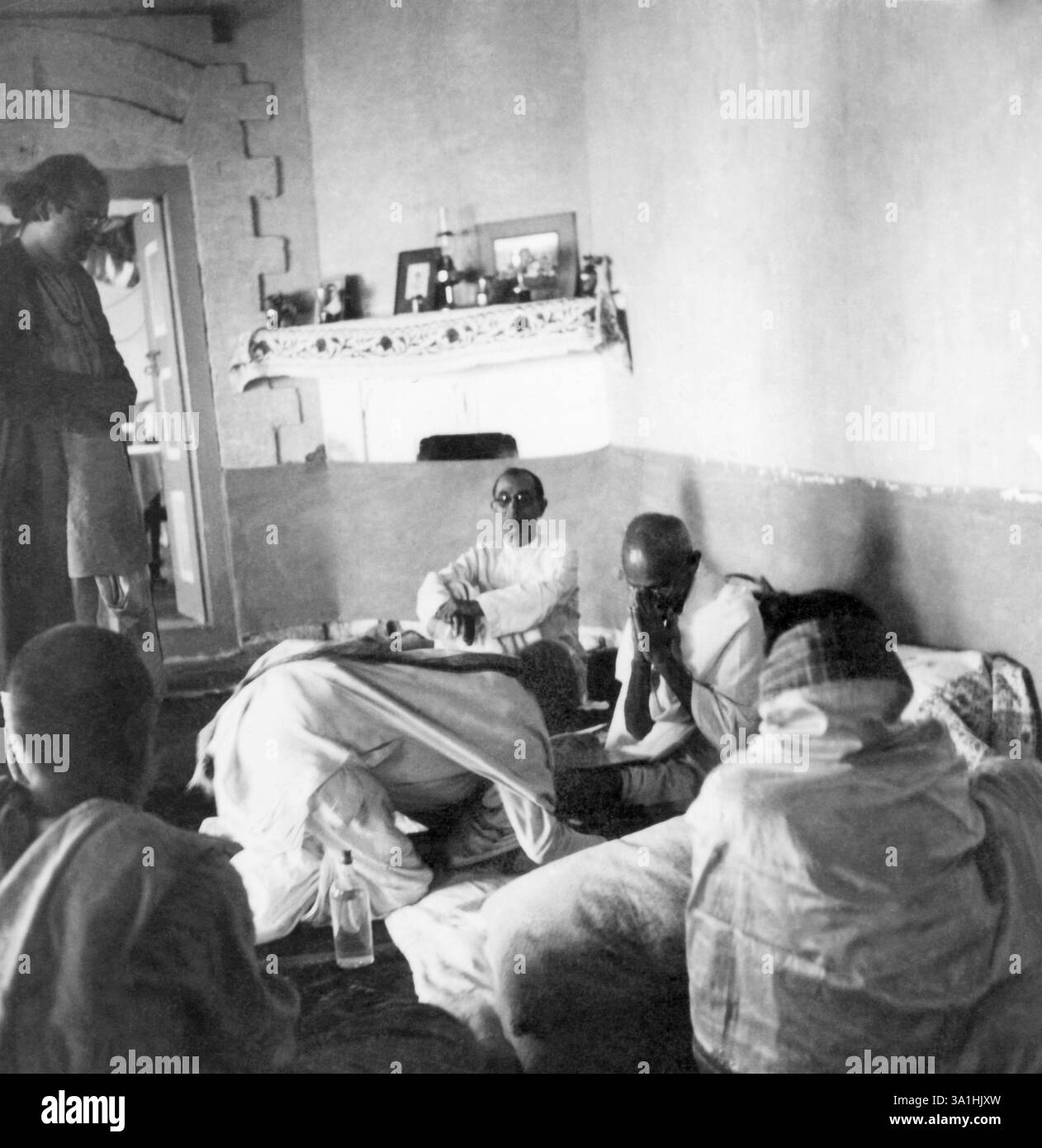 Mahatma Gandhi greeting Dr. Dilip Roy and his group during his visit to ...