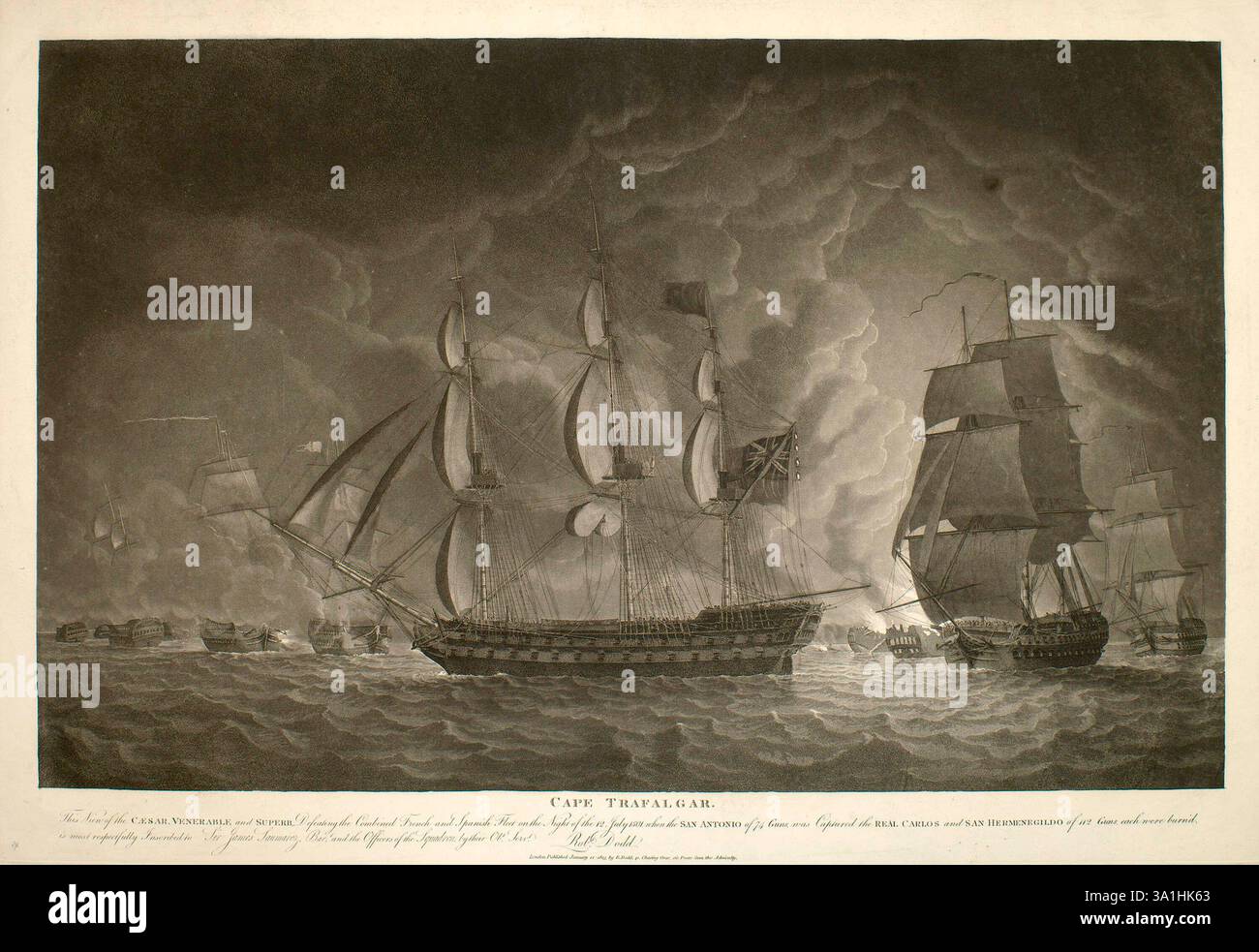 This engraving shows the Battle of Cape Trafalgar from 1801 (not to be ...