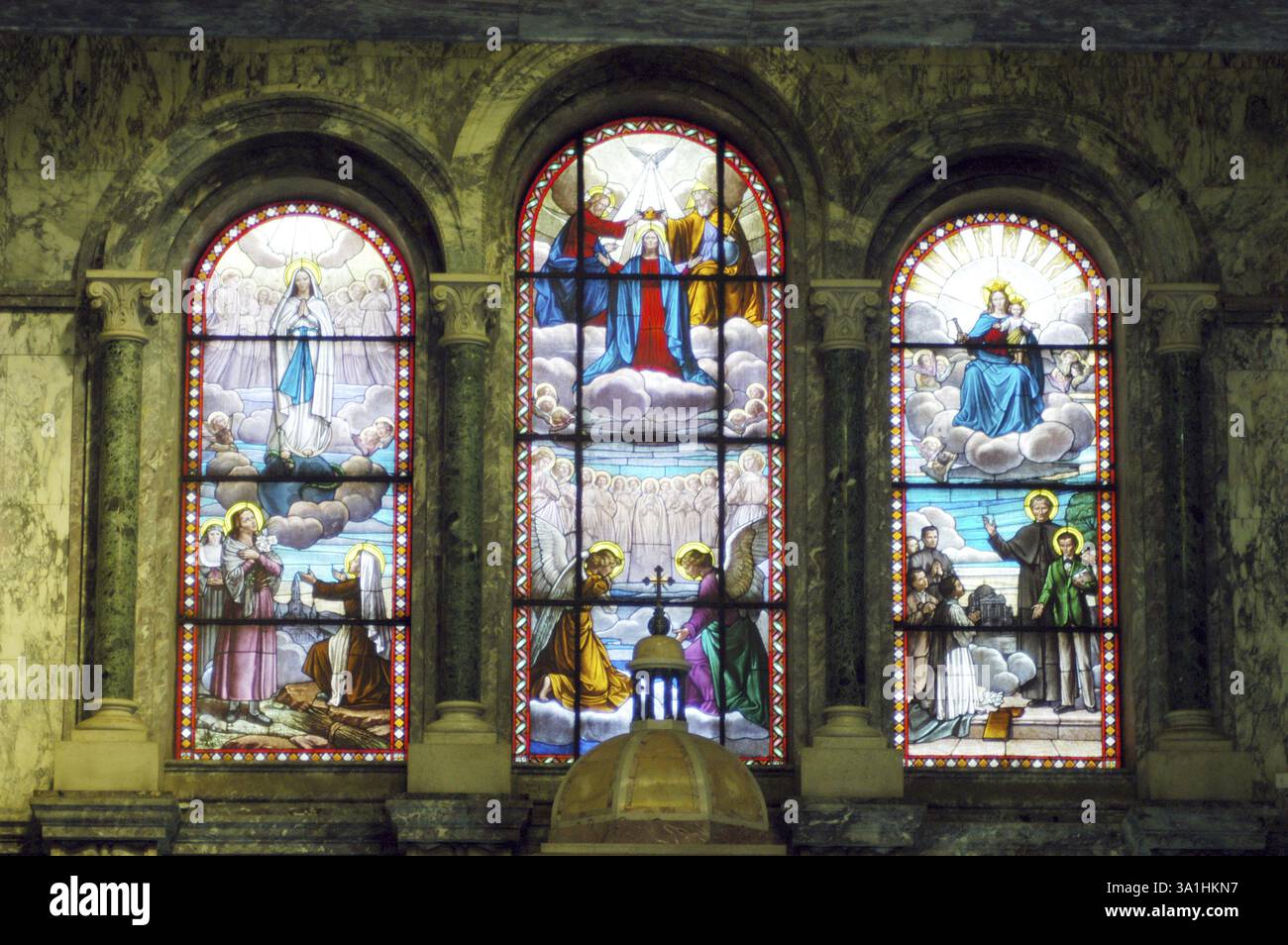 Life of Jesus Christ is depicted on stained glass at Don Bosco Church, Matunga in Bombay Mumbai ...