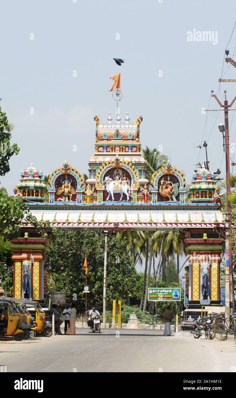 Colourfully painted and richly decorated sculptures on the entrance ...